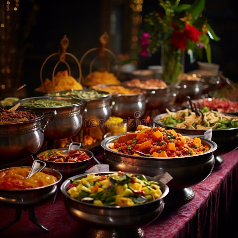 Visually Stunning Reception Buffet Setup Multiple Food Stations Stock ...