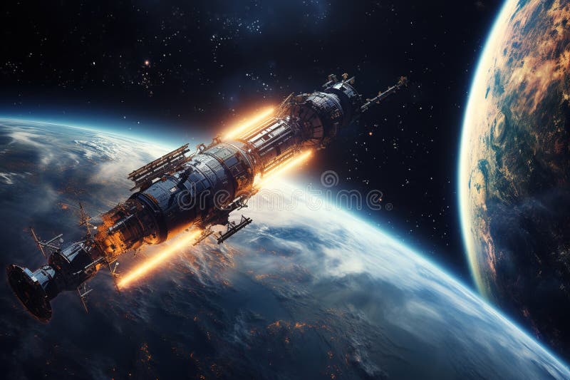 Visually Stunning Spaceship in Outer Space Flying Over Earth and a ...