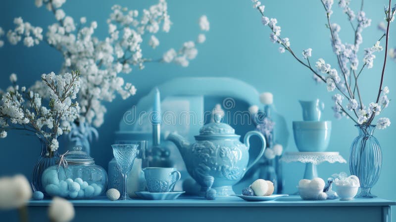 Festive Blue Tableau with Delicate Floral Accents and Tableware Stock ...