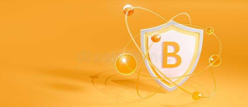 Vitamin B, the Letter B on the Shield and Flying Atoms. Wide Format, 3d ...