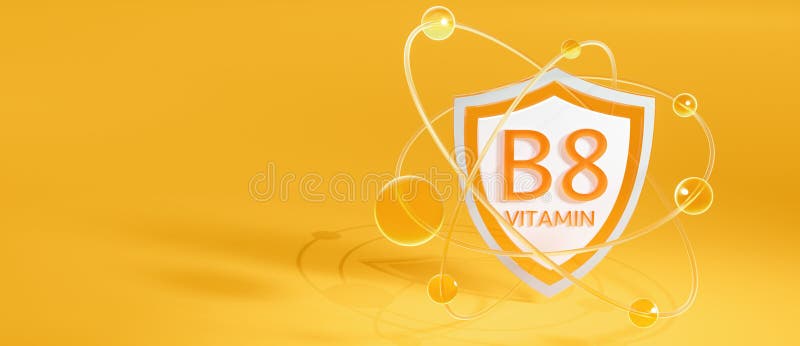 Vitamin B8 Symbol on Shield, Atoms Orbiting on Orange Background, 3d ...