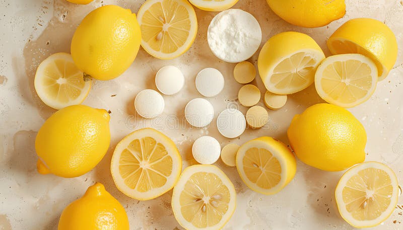 Vitamin C Effervescent Tablets and Lemons on Beige Grunge Table Stock ...