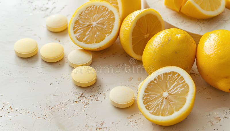 Vitamin C Effervescent Tablets and Lemons on Beige Grunge Table Stock ...