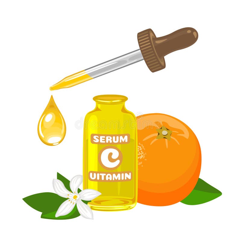 Cosmetic Serum with Vitamin C in Bottle, Pipette with Drop and Orange ...
