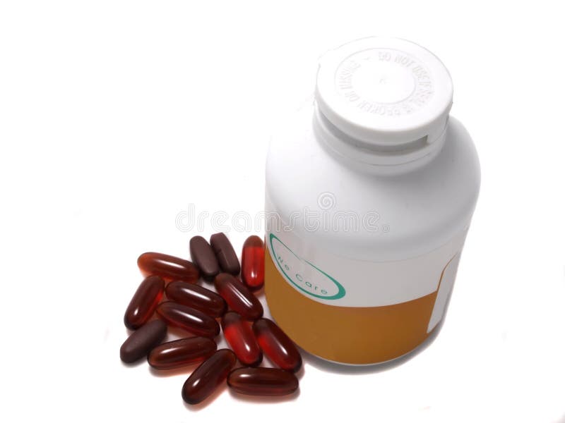 Vitamin Capsules with White Pill Bottle Horizontal Stock Image - Image ...