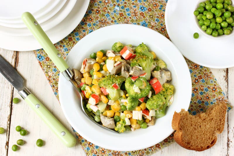 Vitamin Salad with Fresh Vegetables: Broccoli, Peas and Corn Stock ...