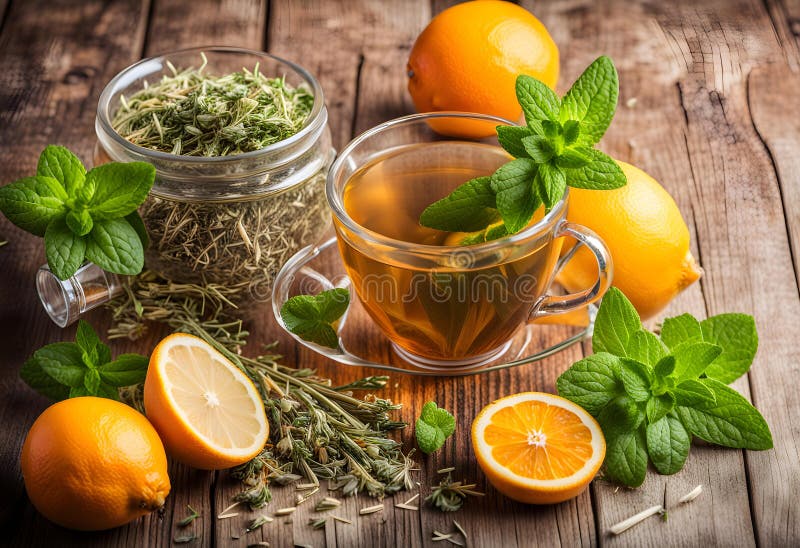 Vitamin Tea with Orange, Lemon, Mint, Thyme and Lemon Grass Stock ...