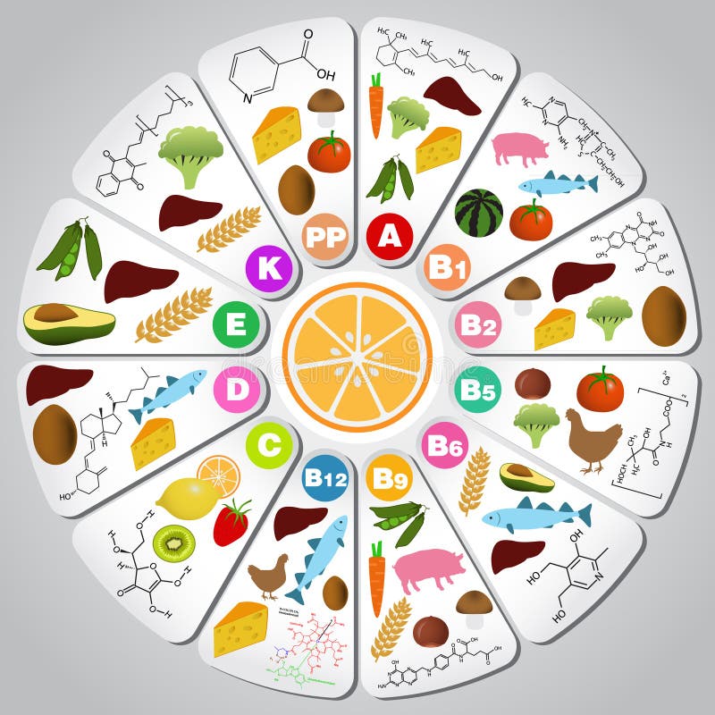Vitamins food sources stock vector. Illustration of chart - 71847441
