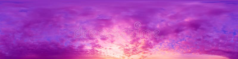 Sunset Sky Panorama with Bright Glowing Pink Cumulus Clouds. HDR 360 ...