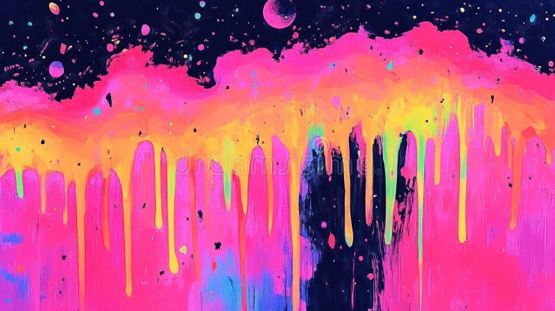 Vivid Abstract Painting with Dripping Neon Colors and Cosmic Elements ...