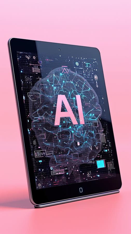 Vivid AI Brain on Tablet, Striking Pink Background, Depicting Dynamic ...