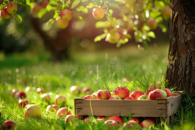 Vivid Apple Orchard Crisp Apples in Box on Grass Under Sunlit Tree in ...