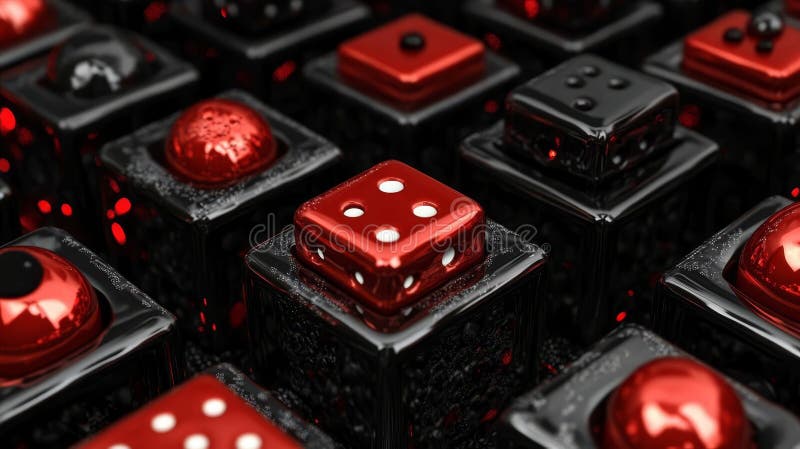 Vivid Arrangement of Red and Black Dice and Spherical Shapes on a Dark ...