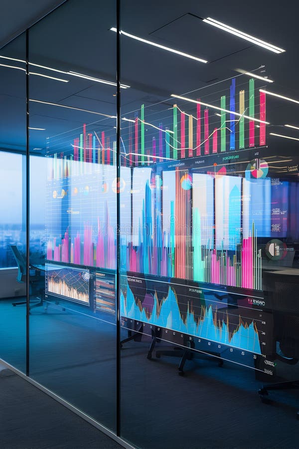 Colorful Data Visualization Projected Onto Glass Wall In Modern Office