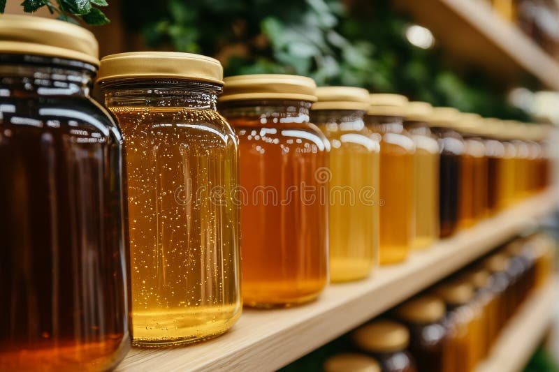 A Vivid Array of Honey Jars Highlights Various Honey Types, Sparkling ...