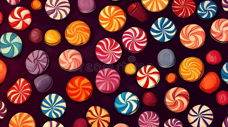 Vivid Array of Lollipops and Hard Candies on Dark Background Seamless ...