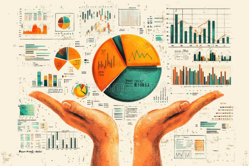 Vivid Artistic Collage Combining Charts, Graphs, and Hands Representing ...