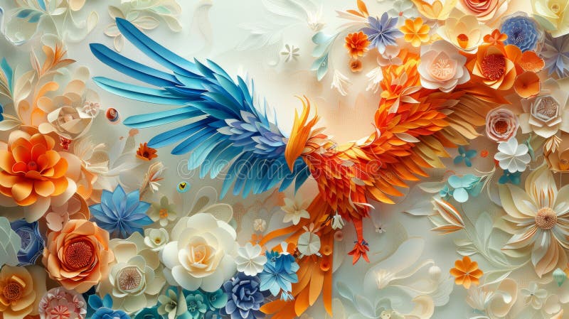 Vivid Artistic Phoenix with Colorful Wings among Elegant Flowers ...