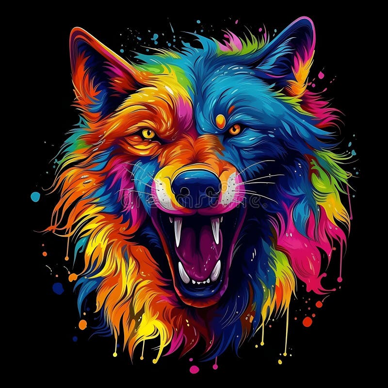 Vivid Artistic Wolf Portrait Bursting with Color and Energy Stock ...