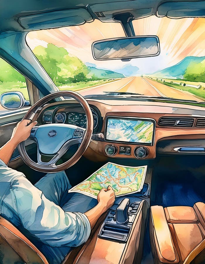 Vivid Artwork of a Person Navigating with a Map in a Car Stock ...