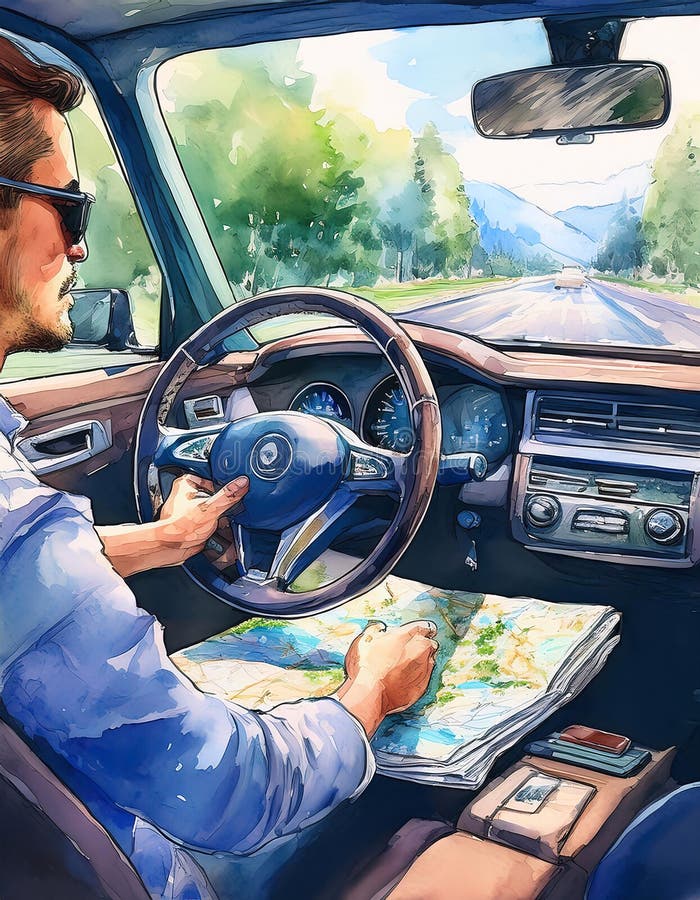 Vivid Artwork of a Person Navigating with a Map in a Car Stock ...