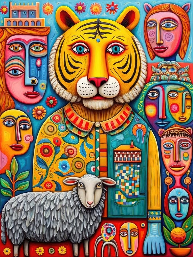 Colorful Tiger with Human Figures and Sheep in Vibrant Artwork Inspired ...