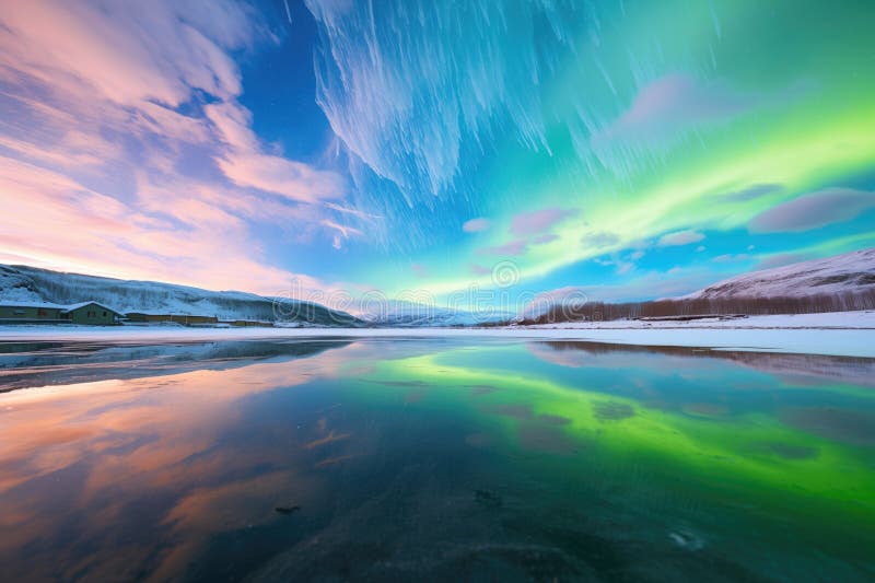 Vivid Aurora Reflected in Icy Lake Surface Stock Photo - Image of ...