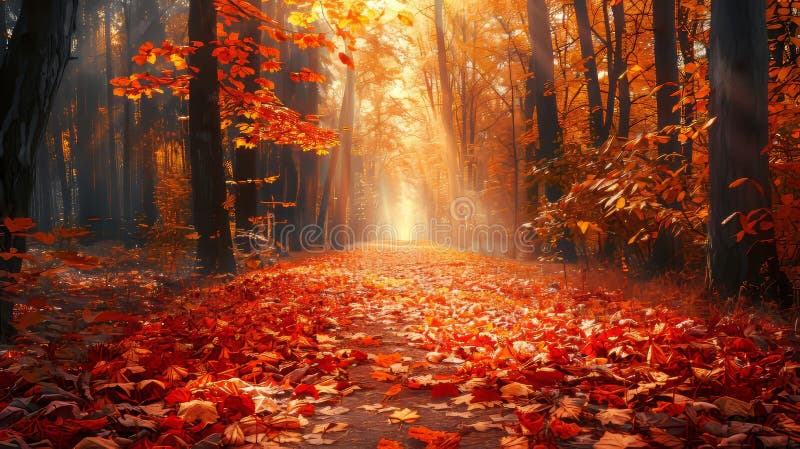 Vivid Autumn Forest Scene Path with Fallen Leaves, Soft Sunlight ...
