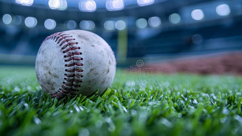 Vivid Baseball Scene with Stadium Lights, Green Grass, Dirt Mound, and ...