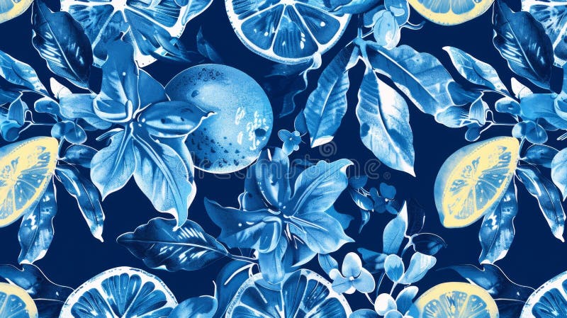 Vivid Blue Citrus and Floral Pattern Background Stock Photo - Image of ...