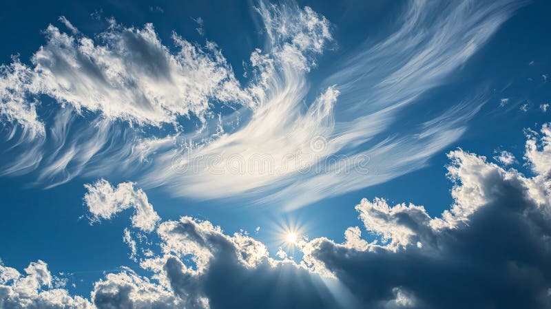 Vivid Blue Sky with Dynamic White and Gray Clouds, Sun Rays Stock Image ...
