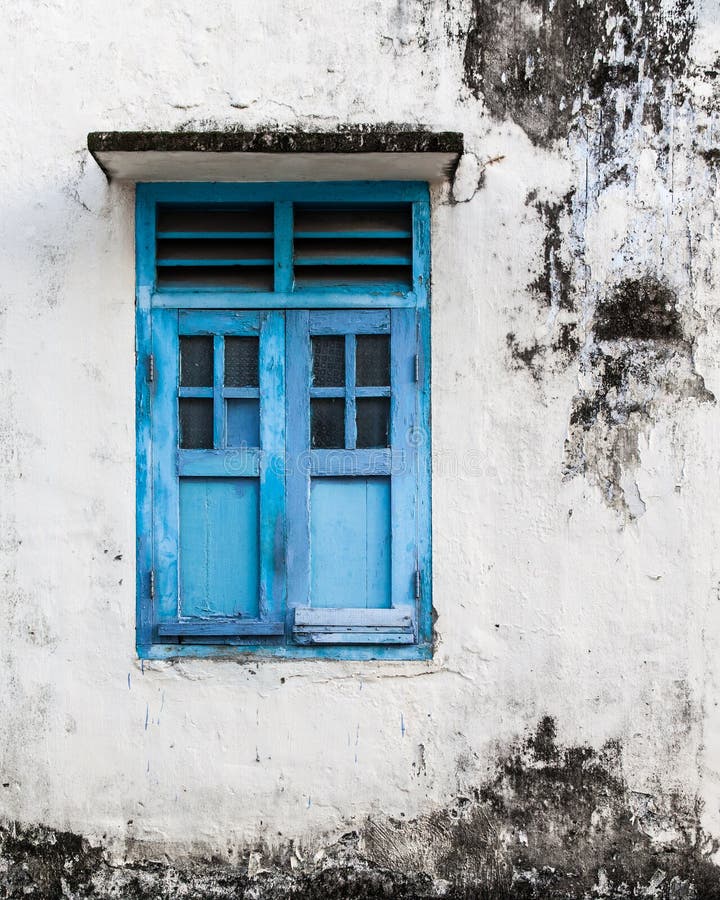 Vivid Blue Wooden Window and Grunge Wall Stock Photo - Image of home ...