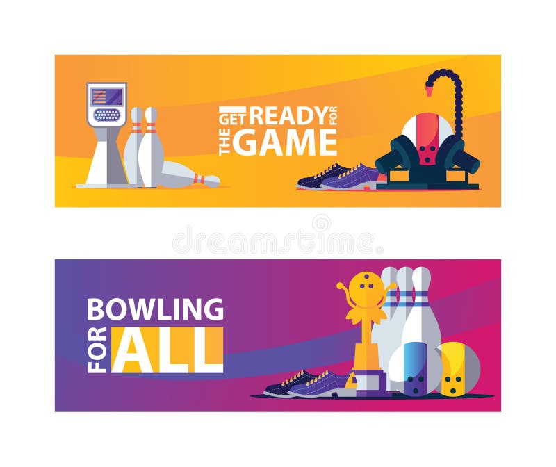 Vivid Bowling Banners with Objects for Play, Pins and Balls. Vector Set ...