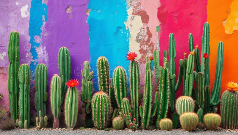 Vivid Cacti Pop Against a Backdrop of Colorful Wall. Stock Photo ...