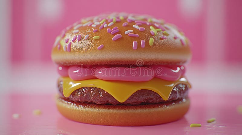 Vivid Cartoon Hamburger with Pink Toppings and Cheese on a Pink ...