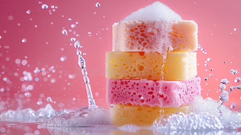 Vivid Cleaning Sponge Tower with Cascading Soap on Bright Backdrop ...
