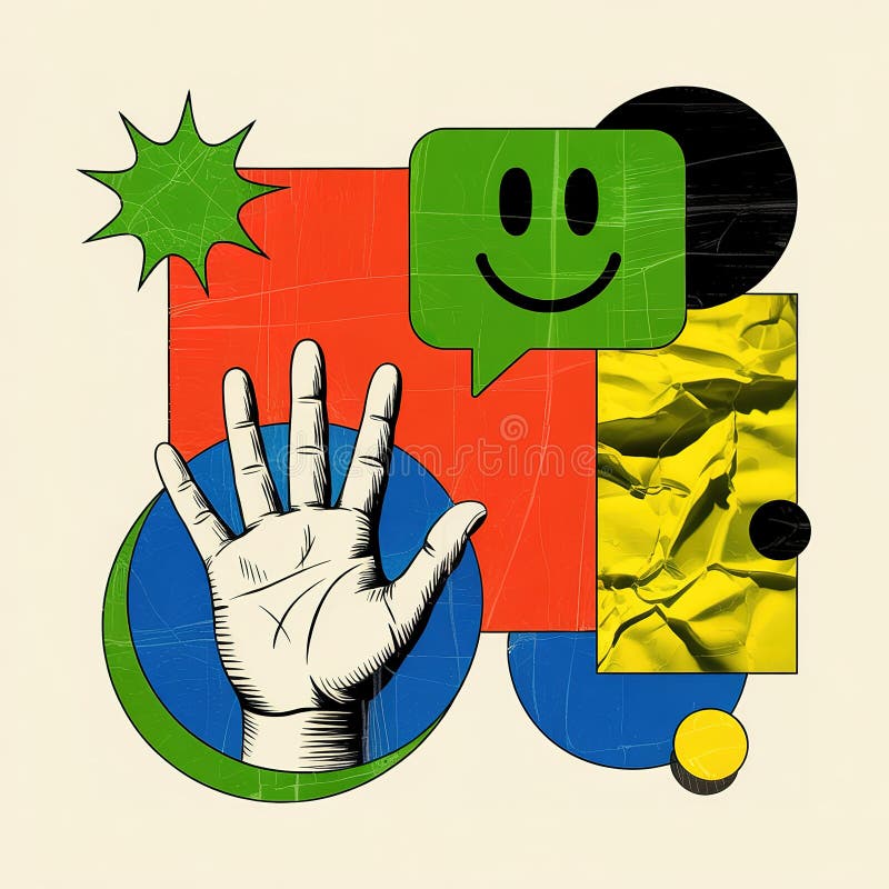 Vivid Collage with Hand Shape, Speech Bubble, Geometric Forms on Cream ...