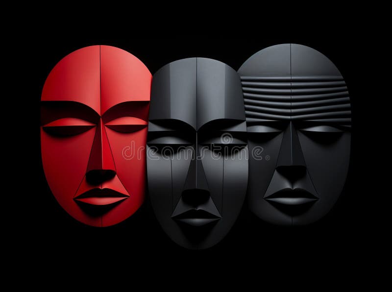 Vivid, Colored, Black Three Abstract Faces on Black Stock Illustration ...