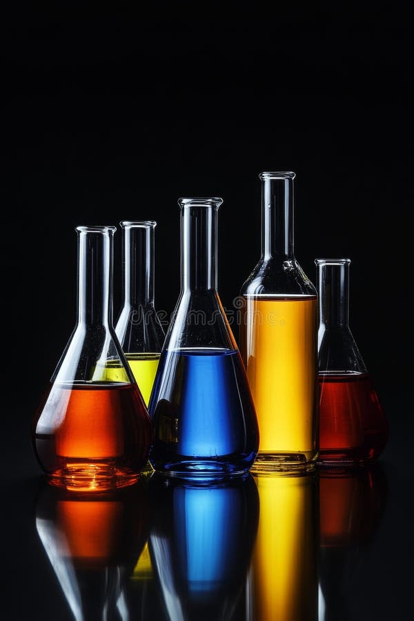 Vivid Colored Chemistry Solutions in an Array of Glass Flasks on a ...