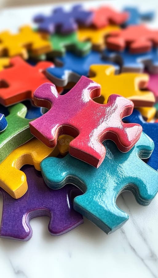 Vivid Colorful Puzzle Pieces Scattered on White Background, Playful and ...