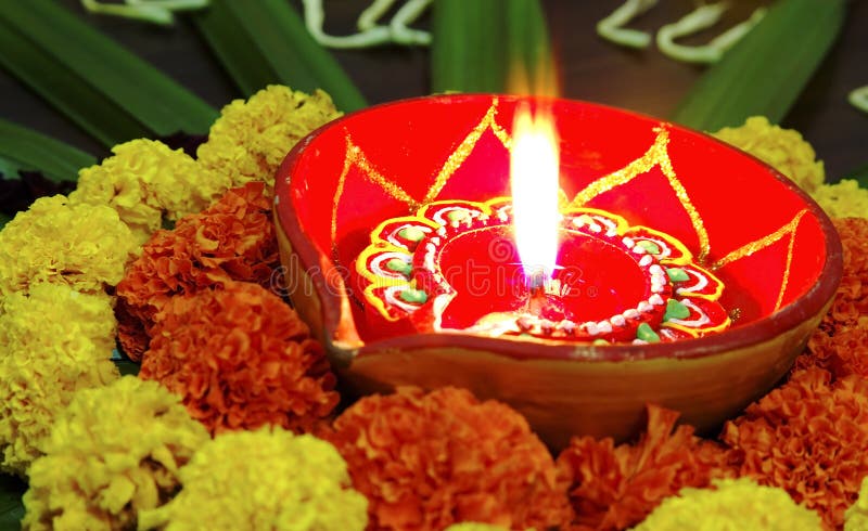 Vivid Colours Diwali Marigolds Diva Candle Lamp Stock Image - Image of ...