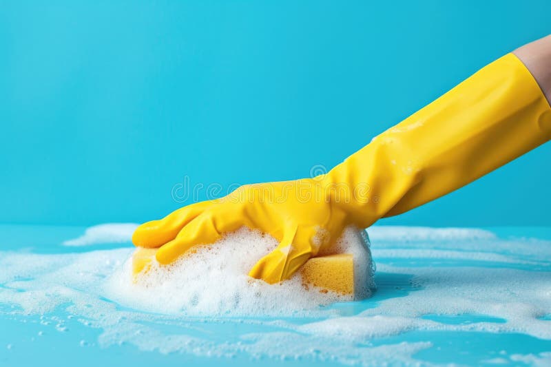 In this Vivid Composition, a Hand in a Yellow Rubber Glove Vigorously ...