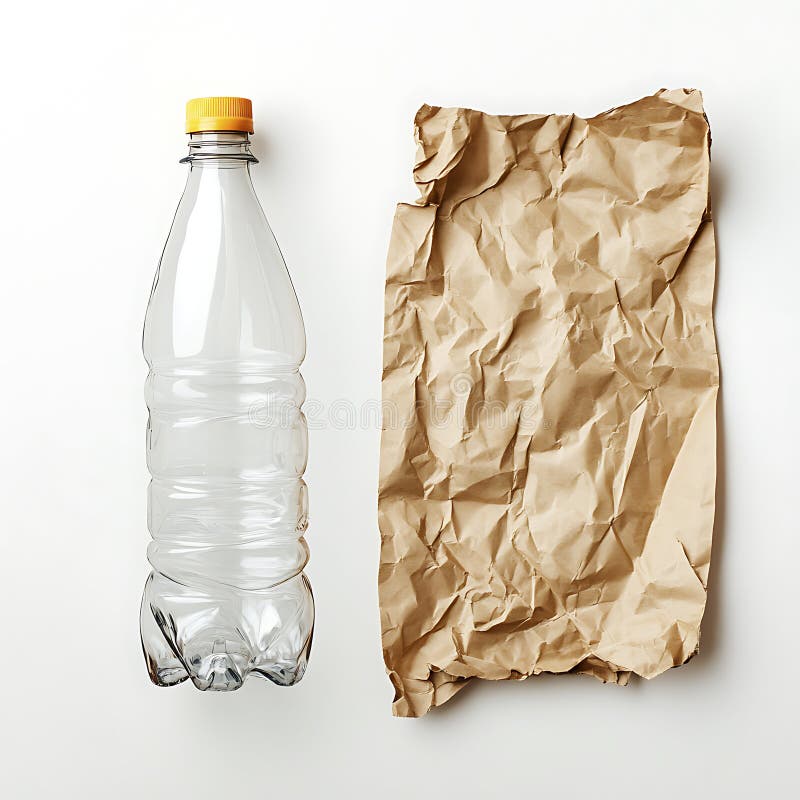 Vivid Contrast of Crumpled Brown Paper and Plastic Bottle Stock Photo ...