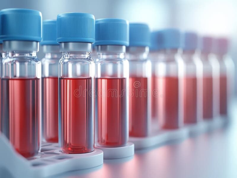 Vivid Contrast, a Row of Red and Blue Vials in Scientific Laboratory ...