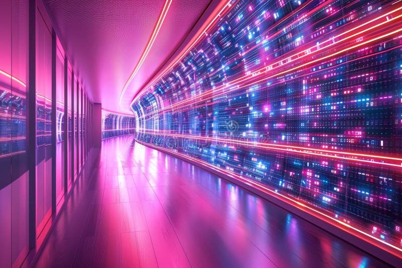 Digital Corridor Illuminated with Vibrant Neon Lights in a Futuristic ...