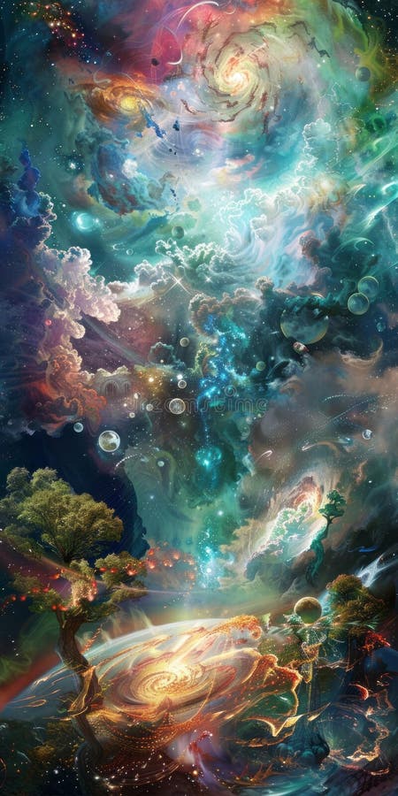 Vivid Cosmic Dreamscape with Surreal Elements Stock Illustration ...