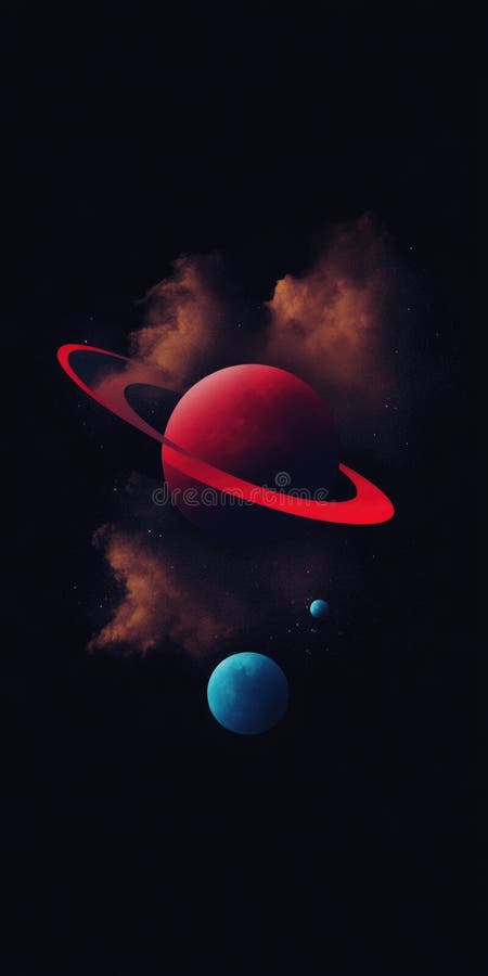 Vivid Cosmic Scene Featuring Red Planet with Rings and Blue Sphere in ...