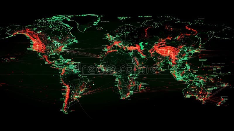 Vivid Cyber Attack World Map Intricate Patterns in Neon Green and Red ...