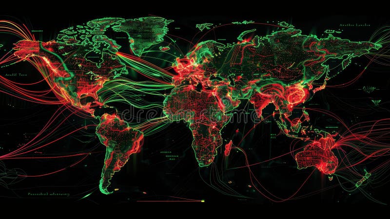Vivid Cyber Attack World Map Intricate Patterns in Neon Green and Red ...
