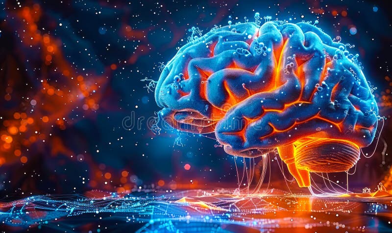 Vivid 3D Illustration of a Human Brain with Dynamic Blue and Orange ...